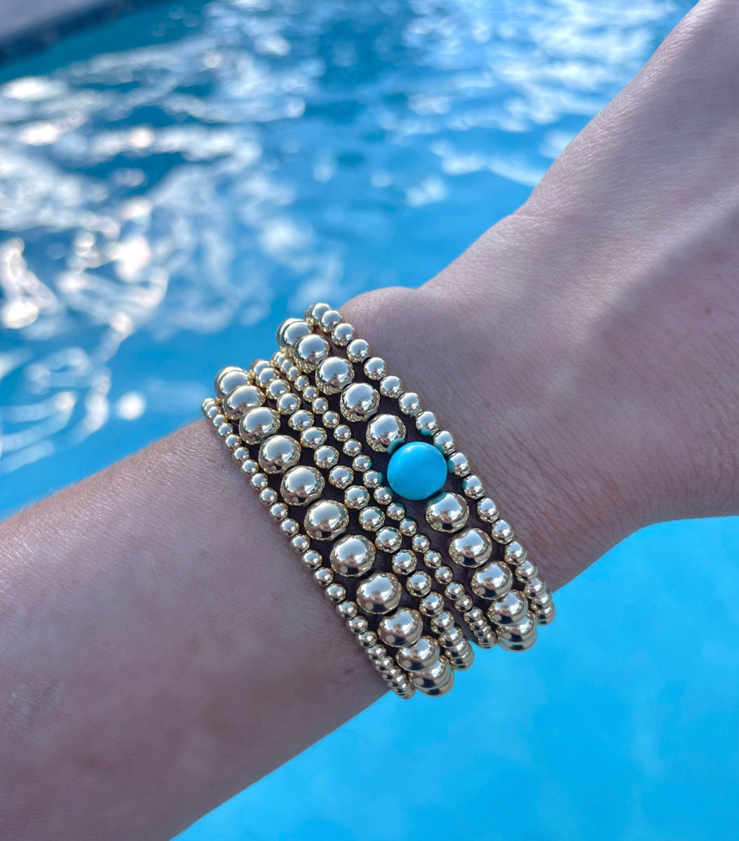 The Hannah, 6mm Gold Filled Beaded Bracelets with Turquoise Accent, se ...